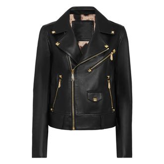 Philipp Plein Femme, Vestes, Noir, Taille: 36 FR Leather Biker Studs