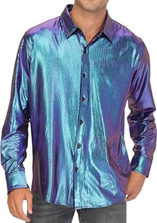 Generic Chemise à manches longues pour homme à paillettes - Veste - Chemisier à paillettes - Hauts brillants - Costume de soirée discothèque, boîte de nuit, b