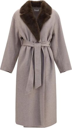 P.A.R.O.S.H. Wollmantel mit Pelzkragen und G&uuml;rtel - - Coats - Damen - Beige - M