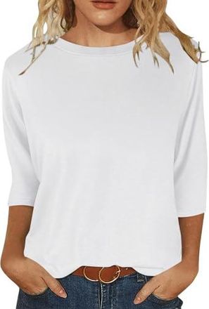 Minetom T-shirt à manches 3/4 pour femme - Col rond - Haut dété - Pull - Hauts dautomne - T-shirt basique, A blanc., XL