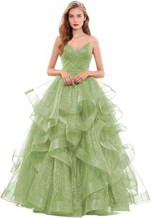Generic Robe de bal en tulle pailleté avec col en V et bretelles spaghetti, robe de demoiselle dhonneur, robe de soirée formelle longue à étages, vert sauge, 