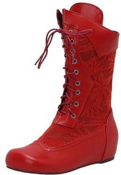 Generic Bottes mi-mollet pour femme - Talon plat - Style d&eacute;contract&eacute; - Style r&eacute;tro - Confortable - &Agrave; lacets - Avec augmentation interne, Rouge, 40.5 EU