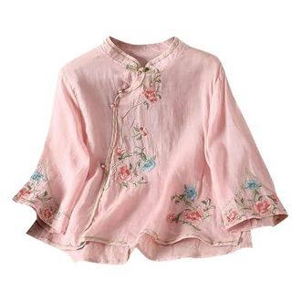 Generic Haut d&eacute;t&eacute; en lin pour femme, haut d&eacute;t&eacute; en coton jacquard r&eacute;tro &agrave; manches courtes, tunique en lin brod&eacute;, chemisier brod&eacute; confortable, chemise &agrave; manches