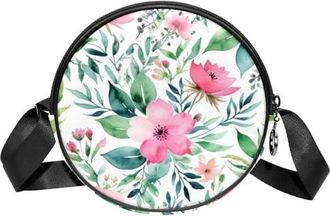 Generic Petit sac &agrave; bandouli&egrave;re circulaire pour femme, motif feuilles florales, sac &agrave; dos avec fermeture &eacute;clair, bretelles r&eacute;glables, sac &agrave; main rond d&eacute;contra