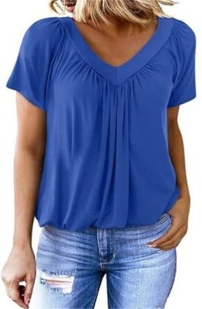 Generic T-shirt basique d&eacute;contract&eacute; &agrave; manches courtes et col en V pour femme, col en V, manches courtes, coupe ample, haut d&eacute;t&eacute; 2025, bleu, XXL