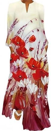 Ocean Plus Robe de Printemps et dété pour Femme avec Jupe Longue Col en V Manches Longues Poches et Imprimé Floral Ample (XL, Peinture à lhuile de Fleurs Rouges)
