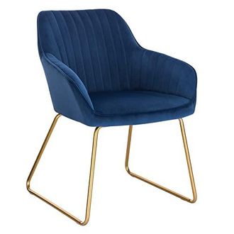 Woltu BH246bl-1 Chaise de salle &agrave; manger, cuisine, salon, rembourr&eacute;e, avec accoudoirs, pour salle &agrave; manger, cuisine, salon, pieds en m&eacute;tal dor&eacute;, bleu, 1 pi&egrave;