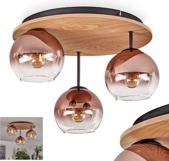 HOFSTEIN Deckenleuchte Koyoto, Deckenlampe aus Metall/Holz/Glas in Schwarz/Natur/Kupferfarben/Klar, Leuchte im modernen Retro/Vintage-Design mit Schirmen aus G