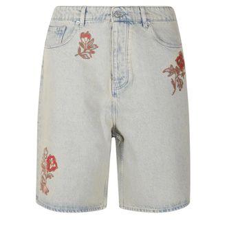 Dr&ocirc;le de Monsieur Homme, Shorts, Bleu, Taille: L Short Jean Dusty Brod&eacute; Fleurs