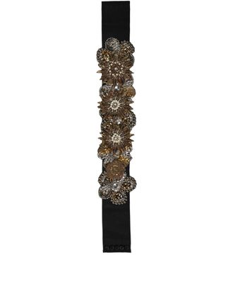 Dolce & Gabbana Womens Black Gold Tone Crystal Brass Flower Brooches Belt Acetate Cotton