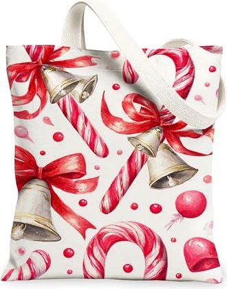 Generic Sacs fourre-tout en toile pour vacances, motif canne &agrave; sucre dorge et cloche, sacs de courses r&eacute;utilisables, l&eacute;gers et lavables pour salle de sport, v