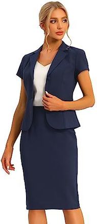 Allegra K Ensemble de Costume 2 pièces pour Femme, Blazer, Veste, Jupe Crayon Bleu Foncé XL