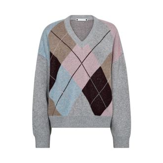Co'Couture Karierte V-Ausschnitt Wollpullover - - Knitwear - Damen - Grau - L