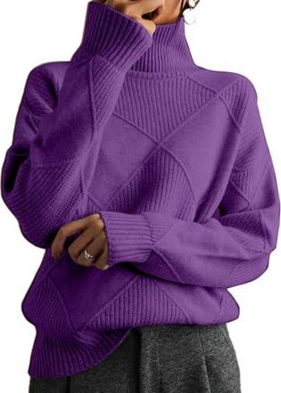 Generic Pull &agrave; col roul&eacute; pour femme en tricot torsad&eacute; &agrave; manches longues Pull doux en tricot &agrave; manches longues Pull &eacute;pais ample d&eacute;contract&eacute;, violet, XL