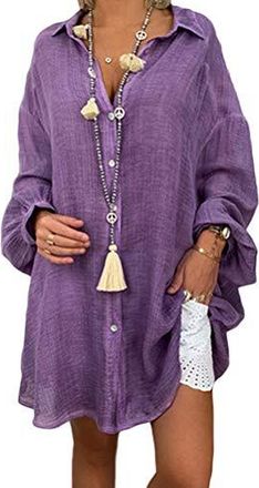 Onsoyours Femme Robe Chic Robe Été Robe de Plage Col V Casual Grande Taille Robe Manches Longues Unie T-Shirt Coton Lin Robes Bohême Midi Dress Z2 Violet 46