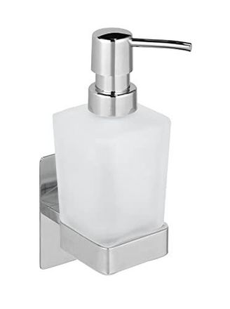 WENKO Turbo-Loc Seifenspender Genova Shine, 200 ml, Befestigen ohne Bohren, Edelstahl/Glas satiniert, 6,2 x 19,7 x 9 cm, Silber gl&auml;nzend