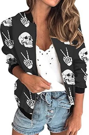 Minetom Veste Femme Motard Blouson Printemps Été Léger Bomber Blouson Outwear Zippé Imprimé Floral Court Jacket C Noir 06 L