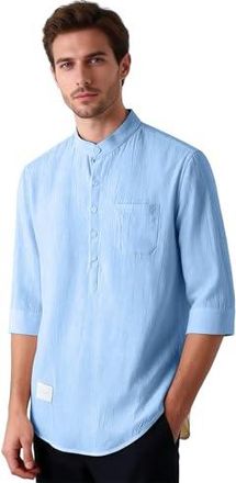 Generic Chemise en lin &agrave; manches 3/4 pour homme, chemise d&eacute;contract&eacute;e unie intelligente Henley d&eacute;contract&eacute;e classique avec poche, hauts &agrave; col tendance, v&ecirc;teme