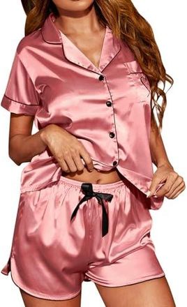 Generic Ensemble de pyjama cardigan &agrave; manches courtes en soie glac&eacute;e imprim&eacute;e de couleur unie pour femme 2026, rose, XL