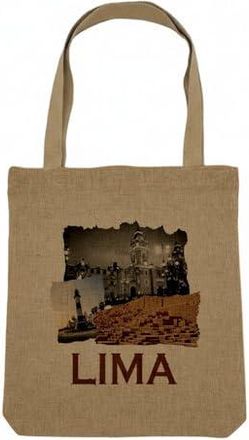 Fabulous Sac Shopping Tote Bag Aspect Lin - Lima Collage P&eacute;rou Carte Postale Voyage - Sac de Courses Toile Epaisse 360g Beige Naturel Cabas Port&eacute; Epaule Solide