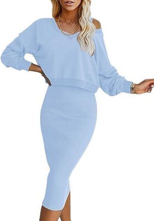 Onsoyours Femme Tricot&eacute;e Robe Set Haut Pull Pull Et Robe Bodycon 2 Pi&egrave;ces Sweat Manches Longues Robe Tricot Robe Pull Robe Midi Automne Hiver A Bleu M