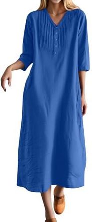 Generico Robe d&eacute;contract&eacute;e pour femme avec coupe longue et ample en coton et lin, bleu, XX-Large
