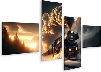 Islandburner Bild auf Leinwand Dampflok im Sonnenuntergang mit schneebedeckten Bergen Bilder Wandbilder Poster