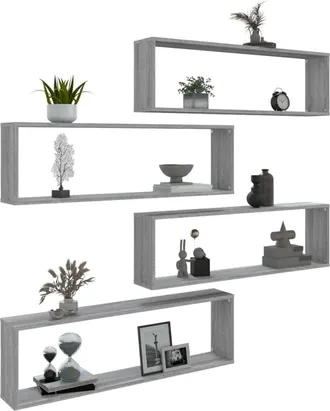Generic Graue Wandmontierte Schwimmende Würfelregale Set von 4, Technischem Holz Displayregal für Wohnzimmerdekoration