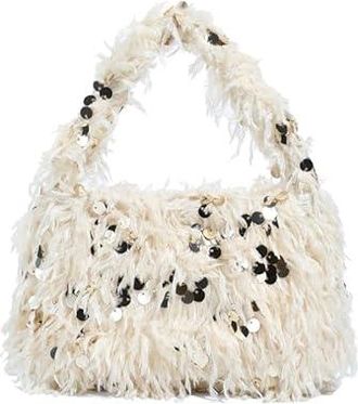 Generic Sac &agrave; main en peluche &agrave; paillettes avec cha&icirc;ne brillante et bandouli&egrave;re amovible - Sac &agrave; bandouli&egrave;re &eacute;l&eacute;gant pour rassemblement, f&ecirc;te, shopping, blanc