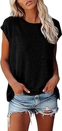 Generic Chemisier uni à manches courtes pour femme - T-shirt à manches courtes décontracté uni - Haut basique ample à col rond - Avec poche - Tenues pour la v