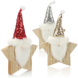 Com-Four 3X Holz-Aufsteller f&uuml;r Weihnachten - Filz-Wichtel in Sternform aus Holz zum Hinstellen - Deko Holzfiguren Zierschmuck (3X Stern/Wichtel - rot/Silber-/