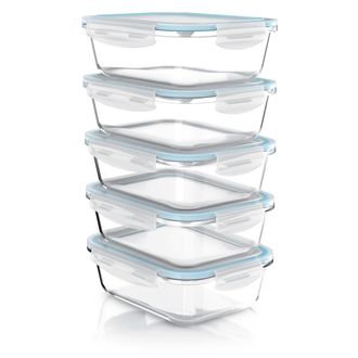 Arendo Glas Lunchboxen Frischhaltedosen für Lebensmittel mit Deckel luftdicht - 5er Set - 1050 ml - für Mikrowelle Ofen Gefrierschrank - Spülmaschinen geeign