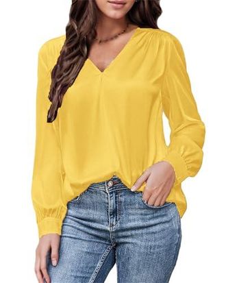 Generic Womens Dressy Satin Blouses Fall Long Sleeve Work Shirts Business Casual V-Neck Tops