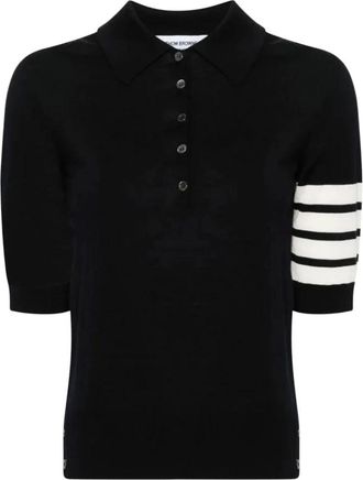 Thom Browne Polo en laine &agrave; col rond 4-Bar - Femme - Pulls - Bleu - Taille: 36 FR