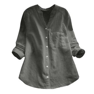 Generic Chemise d&eacute;t&eacute; boutonn&eacute;e en coton et lin &agrave; manches longues pour femme - Col en V - Style d&eacute;contract&eacute;, gris, 3XL