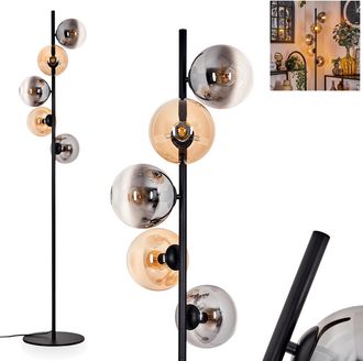 HOFSTEIN Stehleuchte Gastor, Stehlampe aus Metall/Glas in Schwarz/Rauchfarben/Bernstein/Klar, Leuchte im Retro/Vintage-Design m. Schirmen aus Glas (Ø 15cm) u. 