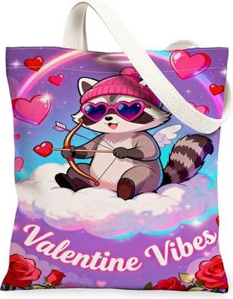 Generic Sacs fourre-tout r&eacute;utilisables en toile de raton laveur, motif coeur animal mignon, sacs de courses r&eacute;utilisables, l&eacute;gers et lavables, color&eacute;, 13x15 I