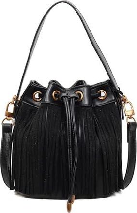 Generic Sac &agrave; main fourre-tout d&eacute;contract&eacute; en daim synth&eacute;tique avec cordon de serrage et pompons, sac &agrave; main &agrave; bandouli&egrave;re de couleur unie en polyur&eacute;thane pou