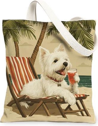 Generic Funny Westie Sac fourre-tout en toile pour faire du shopping 33 x 38,1 cm, sac &agrave; bandouli&egrave;re r&eacute;utilisable pour femme, peinture danimaux domestiques, d