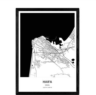 Nacnic Poster mit Karte von Haifa - Israel. Bl&auml;tter von Naher Osten St&auml;dte mit Meeren und Fl&uuml;ssen in schwarz und wei&szlig;. A3