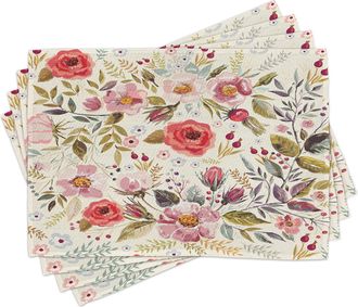 Abakuhaus Shabby Flora Platzmatten, Abstrakte Blumen Rosen, Waschbare Stoff Esszimmer Küche Tischdekorations Digitaldruck, Koralle Elfenbein