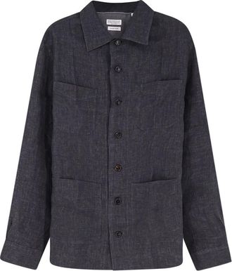 Brunello Cucinelli Homme, Chemises, Gris, Taille: 2XL Linen Shirt