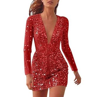 Generic Robe portefeuille &agrave; manches longues et col en V profond pour femme, Rouge, XXL