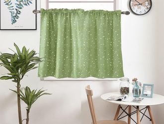 A.Monamour Gardine Scheibengardinen Kurzstores Blickdicht Stoff Grün mit Sternenmuster Verdunklungsgardinen Kurzvorhang Kurzgardinen Küchengardine Küchenvorhang 