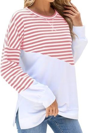 Generic Sweats surdimensionnés pour femmes Y2K classiques rayés étoiles manches longues col rond pull tops décontracté ample sans capuche, Z07-Rose clair, XL