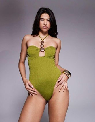 South Beach Crinkle-Badeanzug in Oliv mit Cut-outs und Metalldetails-Gr&uuml;n