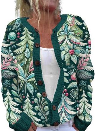 Generic Cardigan Noel Femme en Peluche à Manches Longues 2024 Mode Veste Courte Lâché Gilets en Tricot Imprimé 3D Noël Bouton Ouvert Blouson Sweater Manteau O