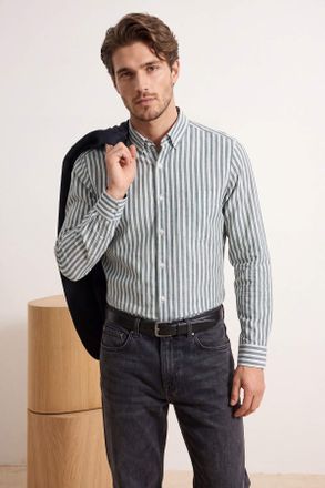 Trendyol MAN Herren Khaki Gestreift Lang Regular Fit Hemden