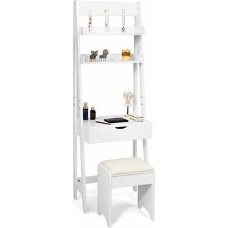 Costway Costway - Coiffeuse avec Miroir Table de Maquillage Moderne avec Miroir, Tabouret, 2 Etag&egrave;res, 3 crochets Table de Cosm&eacute;tique en mdf pour Chambre