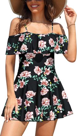 SHEKINI Damen Einteiliger Badeanzug Badekleid Rückenfrei Baderock Ruched Bauchweg Bauchkontrolle Damen Strandbadeanzug Bademode Großer Größe Schwimmrock(XL,Sc